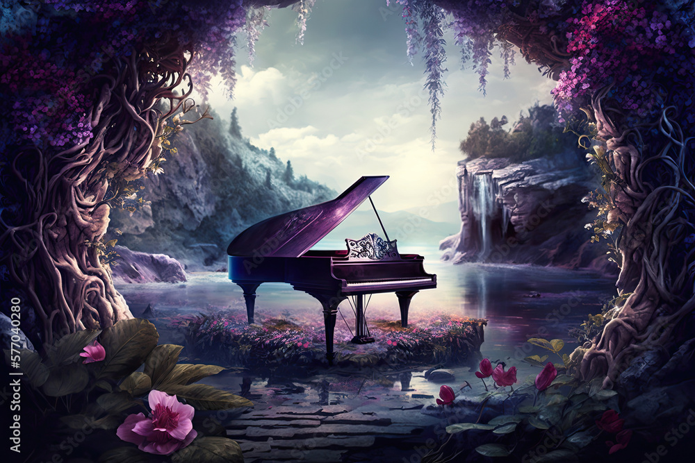 Beautiful bright piano in a magical landscape, sound of harmony ...
