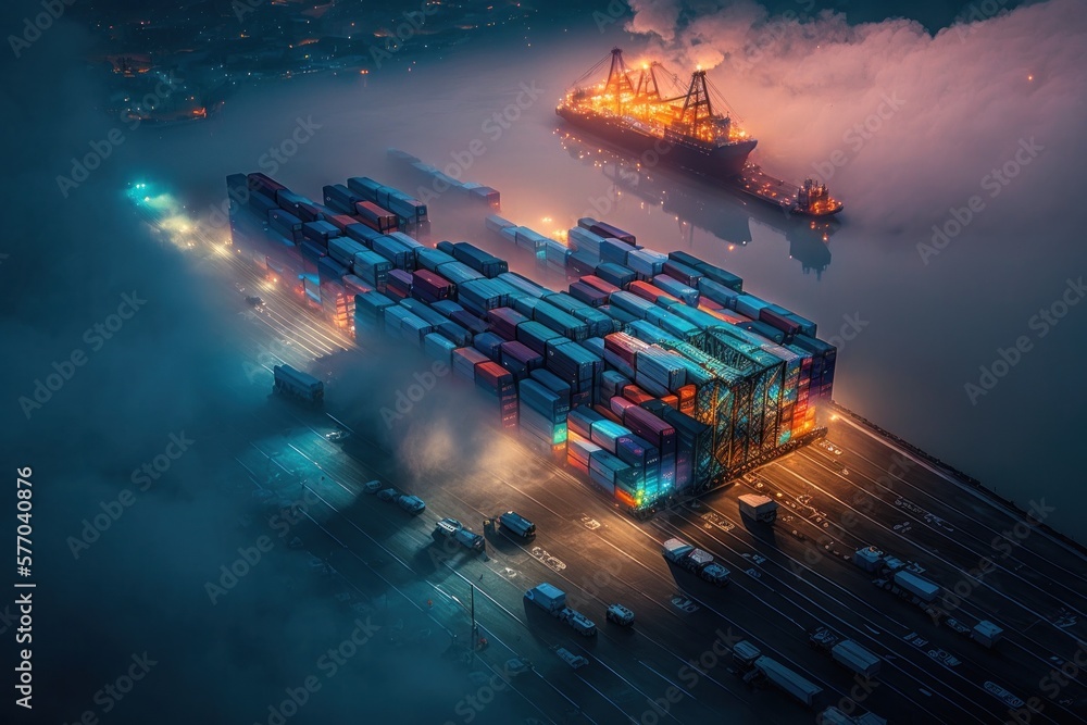 Container port with cargo ship at night, aerial view, generative ai ...