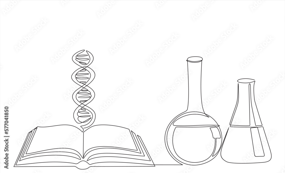 Continuous one line drawing of open book with DNA and laboratory ...