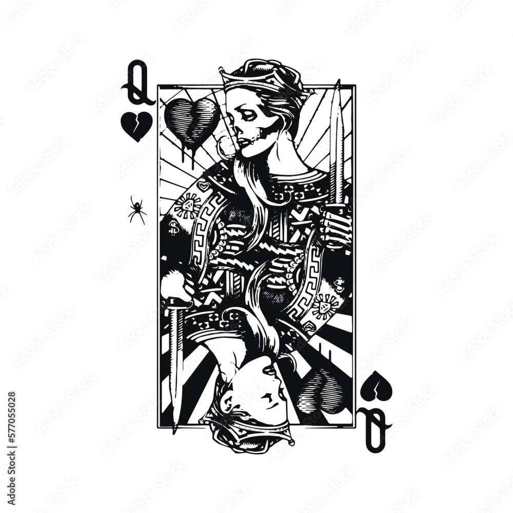 Vetor de playing card queen of spades in black and white with skull ...