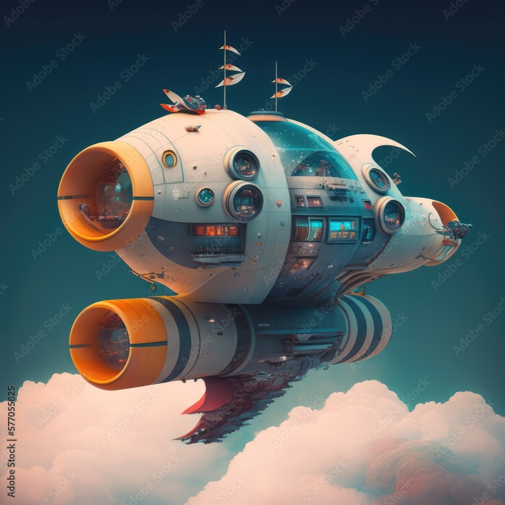 Spaceship flying in outer space over clouds background, created using ...