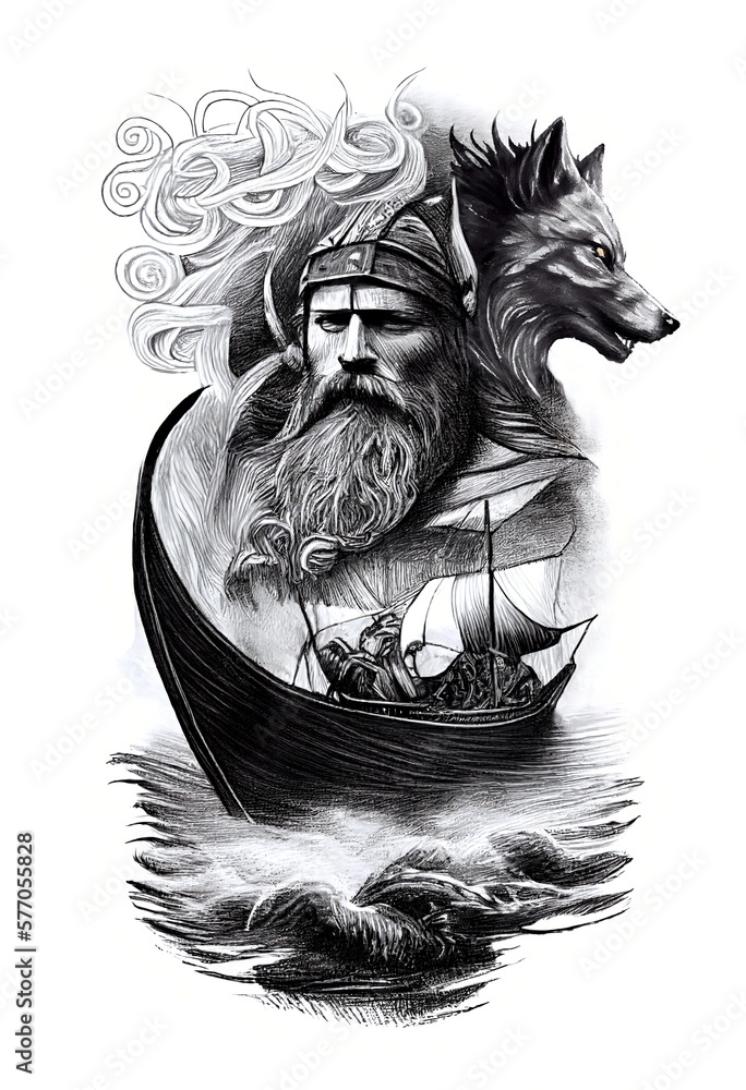 Watercolor ink of northern mythology Odin Fenriswolf and a viking ship ...