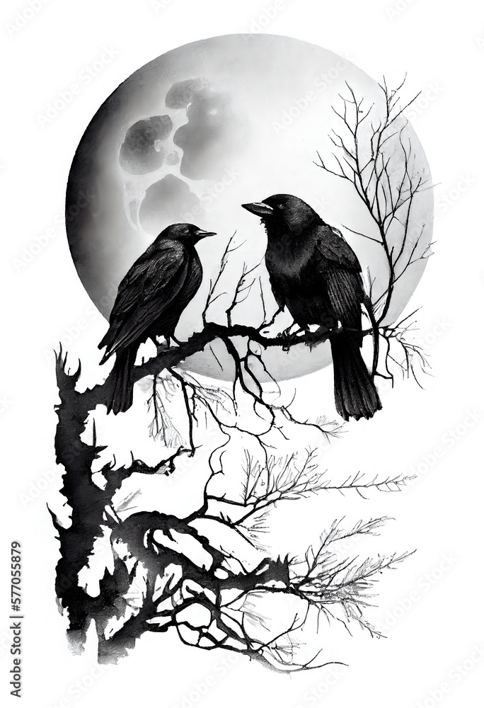 Watercolor ink of Odins raven sitting on twigs in tree. Stock ...
