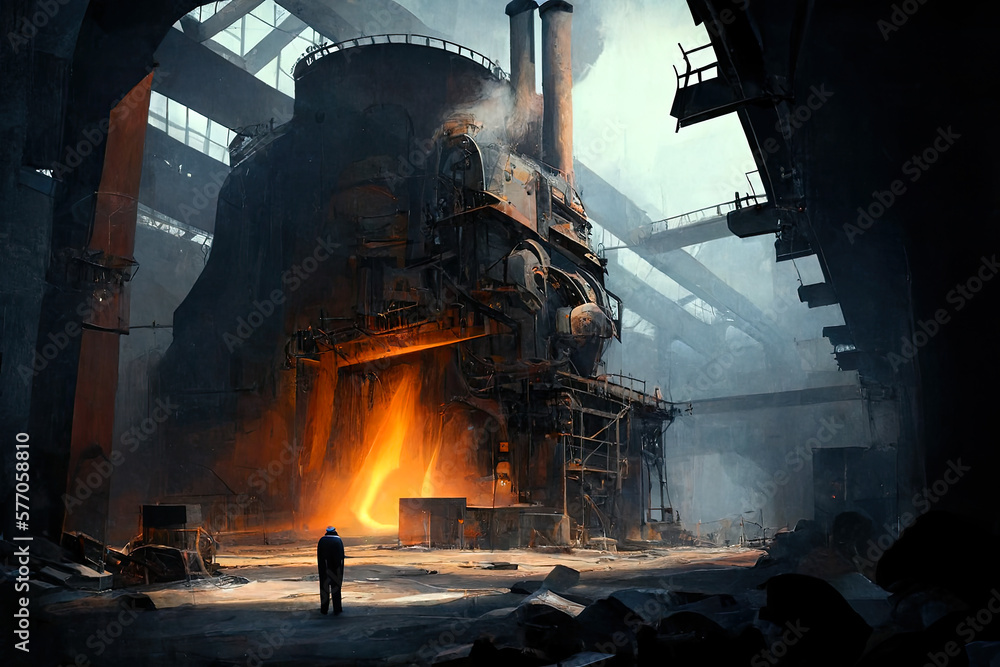Steel mill, furnaces, iron, worker, steel production. Ai generative ...