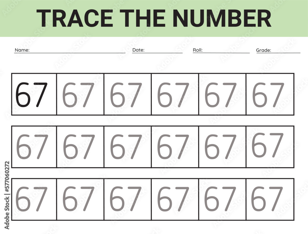 Number 67. card for kids learning to count and to write, worksheet for ...