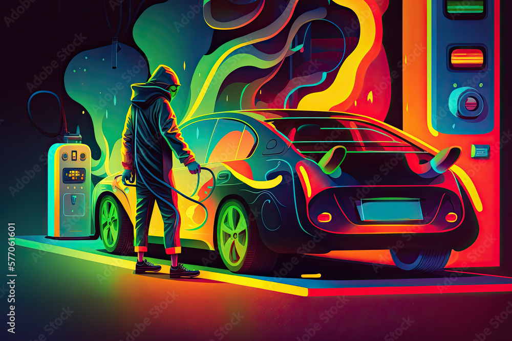 A Modern Illustration of hybrid car with Human Standing by the Vehicle ...