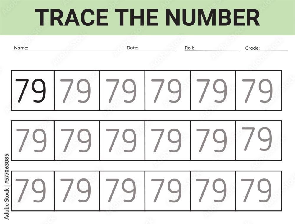 Number 79. card for kids learning to count and to write, worksheet for ...