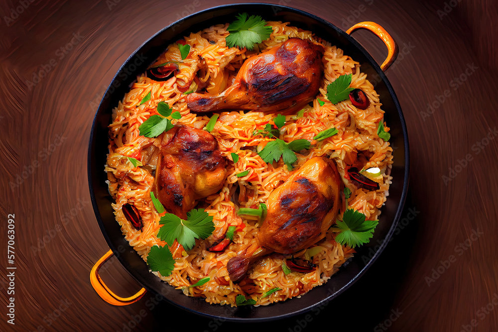 Arabic food: kabsa with chicken and almonds close-up on a plate ...