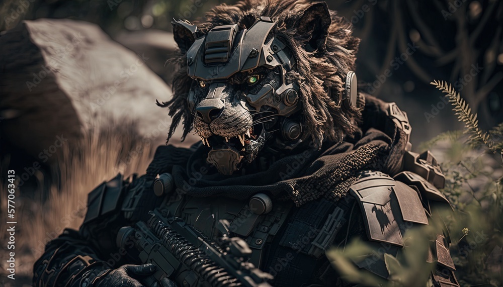realistic animal in army suit , lion black ops army by ai generative ...