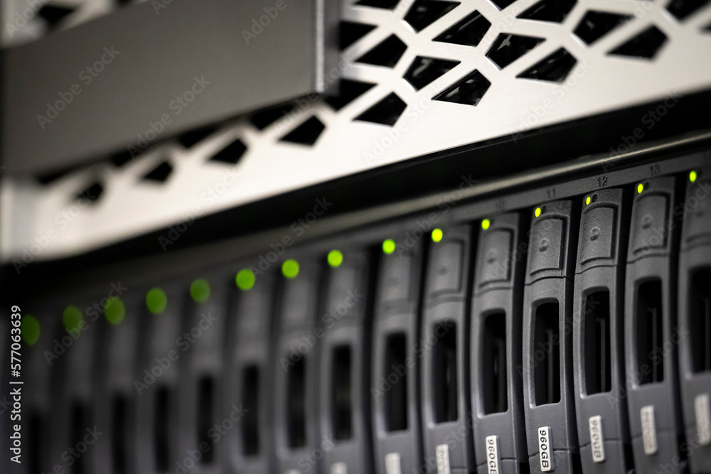 many hard disk slots filled with ssd disks from a network storage for ...