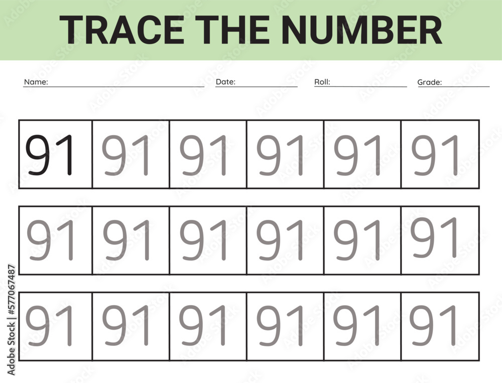 Number 91. card for kids learning to count and to write, worksheet for ...