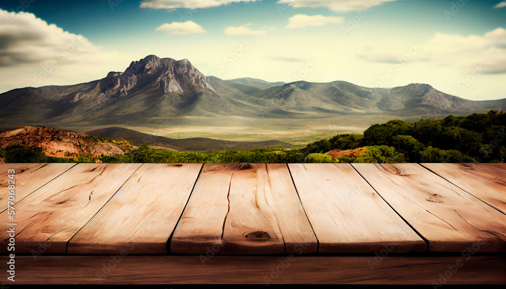 Wooden table background with landscape of mountains and wildlife ...