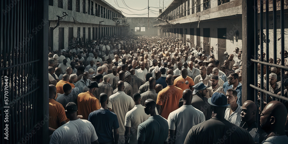 "Crowded Prison Yard with Inmates and Guards" Generative AI Stock ...