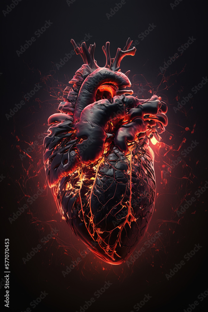Dark human heart glowing red. A stylized black human heart with a fiery ...