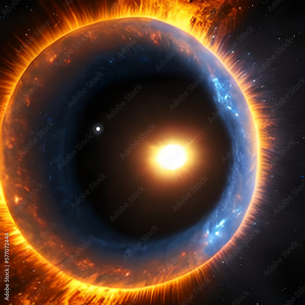 Flaming apocalypse, futuristic space-themed fantasy. A black hole ...