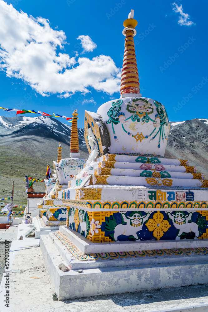 Buddhist stupa at the high pass of Kunzum La in Spiti valley with a ...
