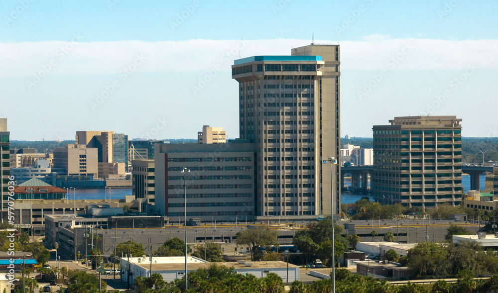 Aerial view of Jacksonville city with high office buildings. View from ...