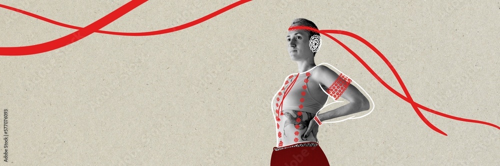 Contemporary art collage. Young slender girl posing in drawing outfit ...