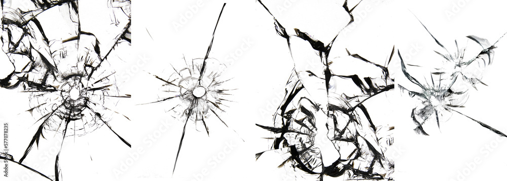 Set of cracks on broken glass, bullets from a bullet shot. Collage of 4 photos for design Stock ...
