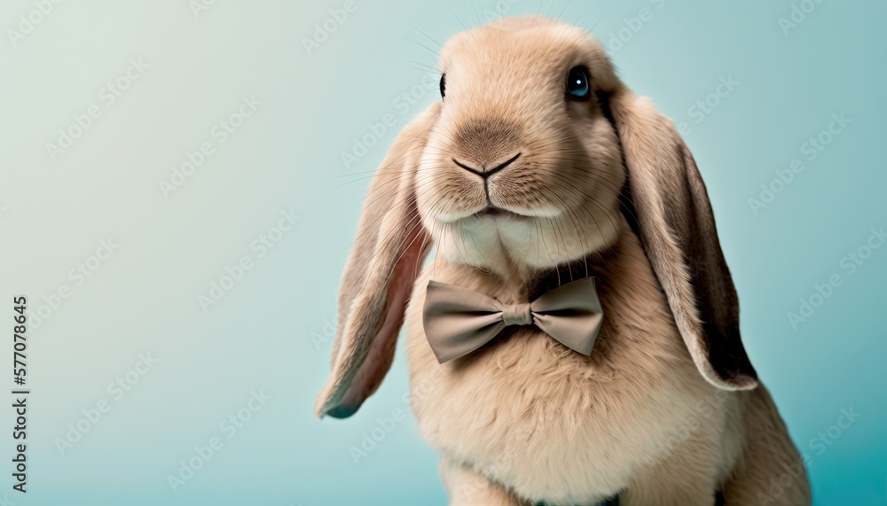 a rabbit wearing a bow tie on a blue background with a light blue ...