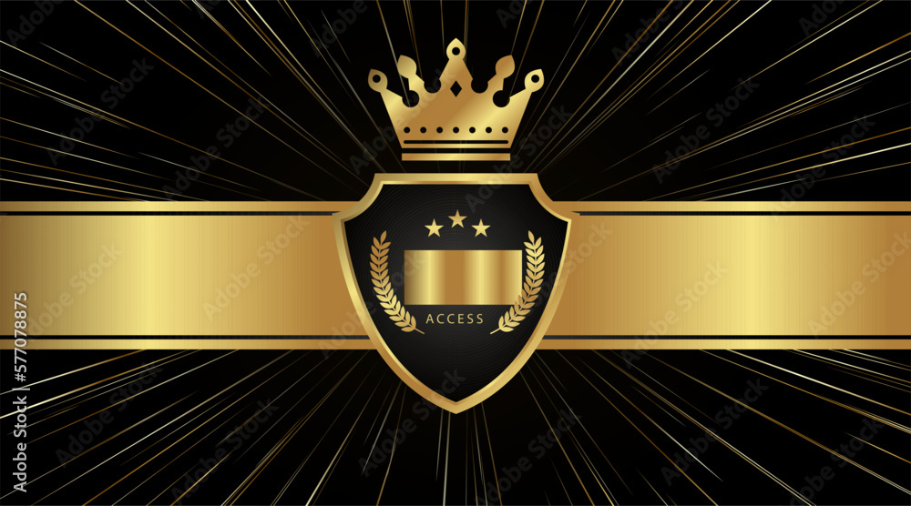 golden shield with ribbon, black and gold label with ribbon, luxury ...