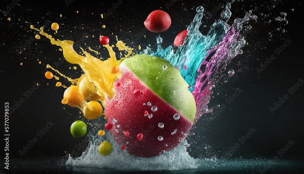 a colorful fruit splashing into the water on a black background with a ...