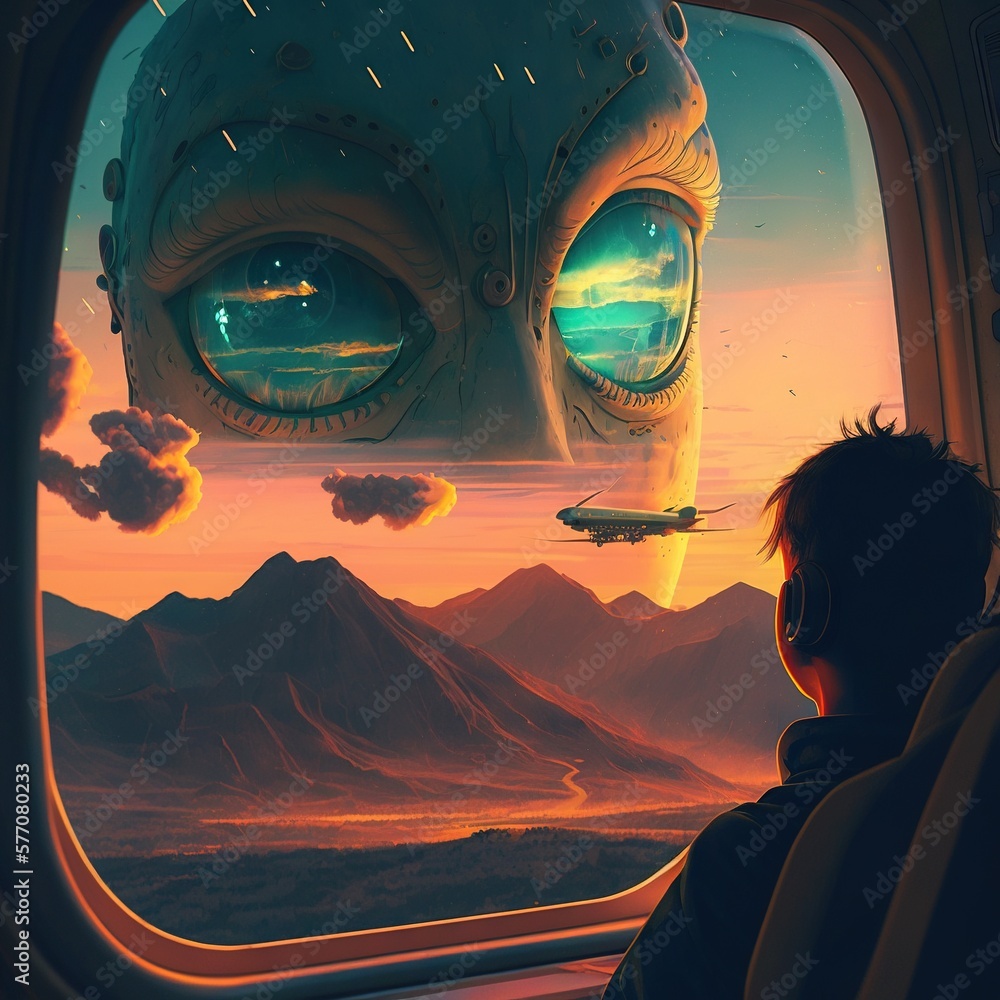 a man looking out a window at an alien creature with a plane in the sky ...