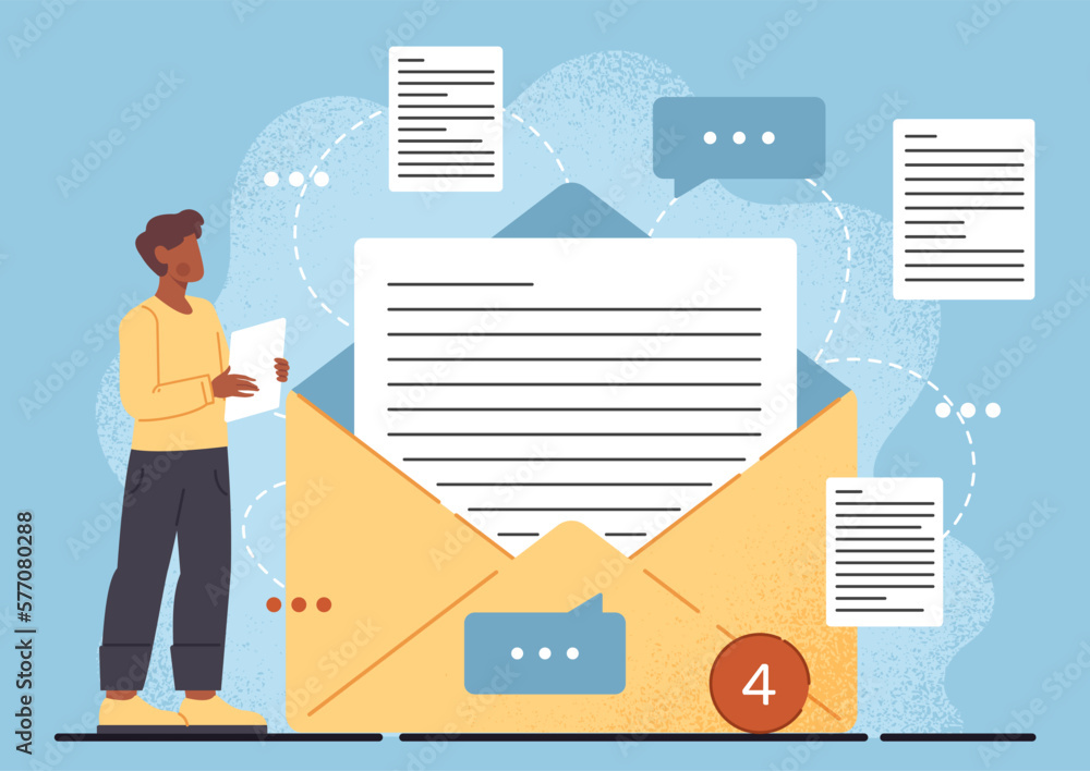 Man with mail. Young guy stands with large envelope. Email and business ...