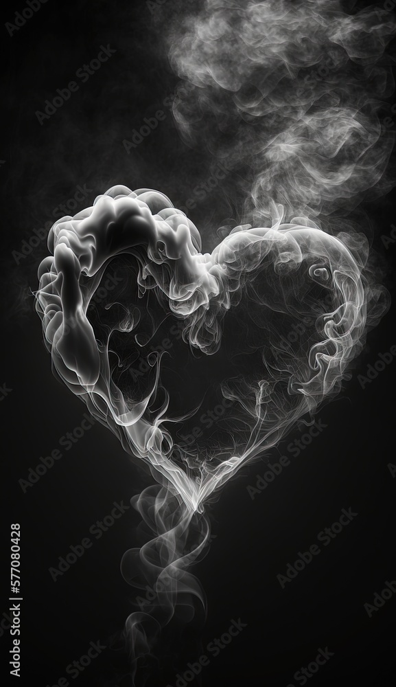 a smoke heart shaped object on a black background with a white smoke ...