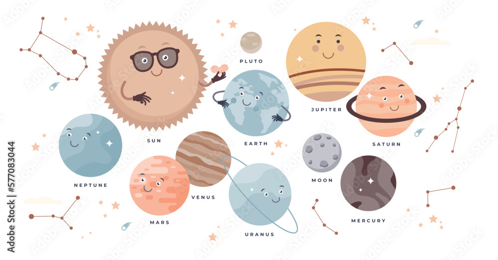 Planets set with cosmos stars, moons and solar system tiny person ...