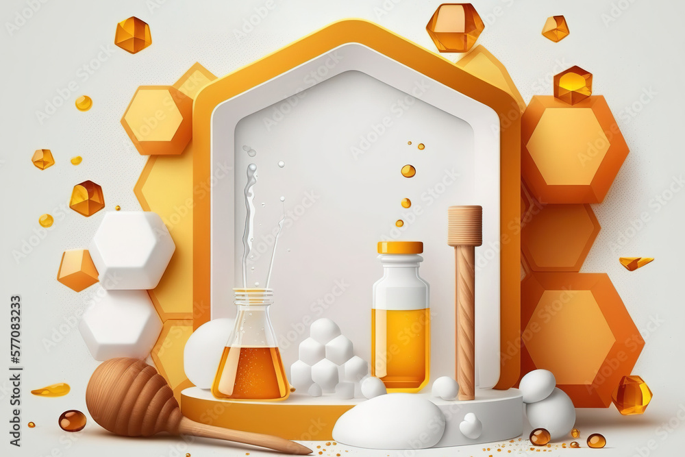 White laboratory background with honey and turmeric embellished with ...