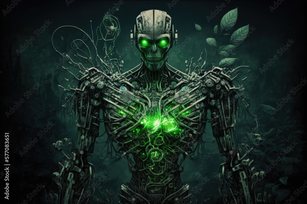 Illustration of a dark green humanoid alien robot with a digital ...