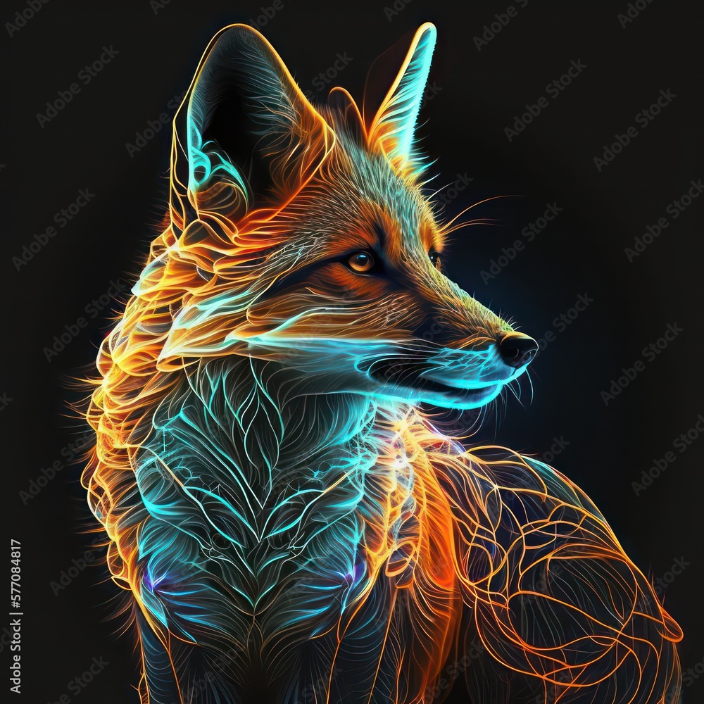 Neon fox. Abstract neon fox drawing. Neon fox drawing. Generative AI ...