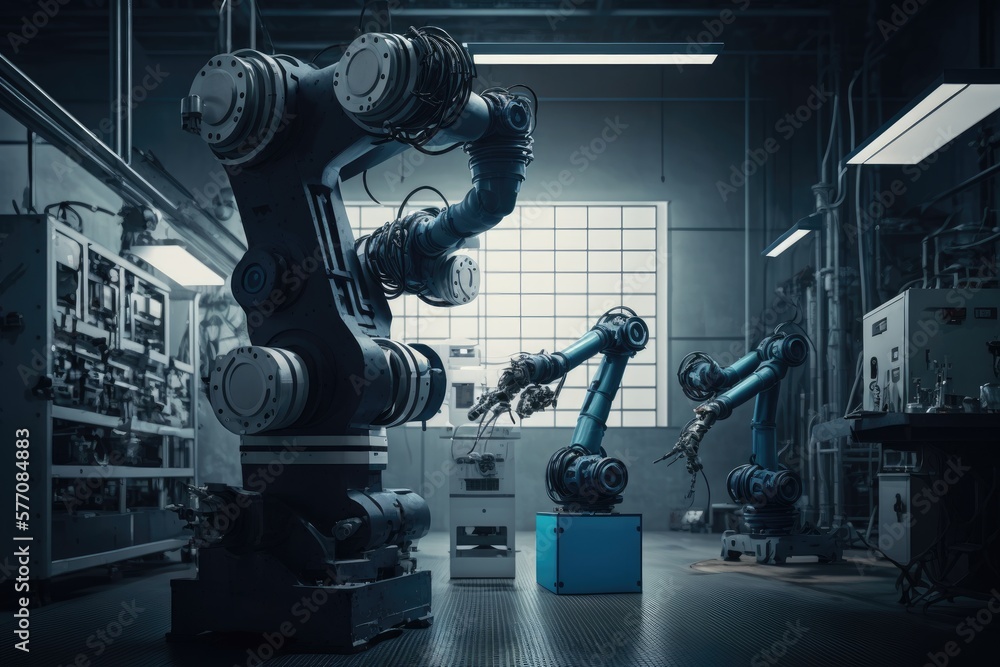 Modern factory using artificial intelligence robots arms and innovative ...