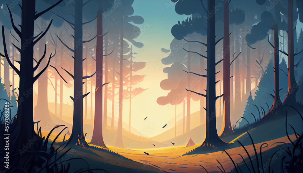 Cartoon illustration a forest at dawn with mist, generative Ai Stock ...
