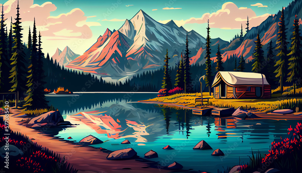 Cartoon illustration of a mountain lake, generative Ai Stock ...