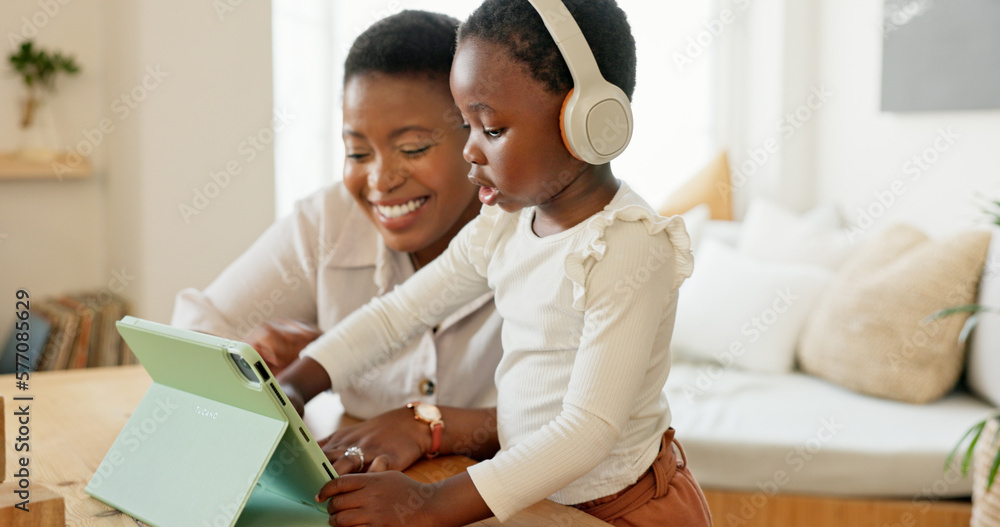 Tablet, black mother and girl on video call, being happy and wave with ...