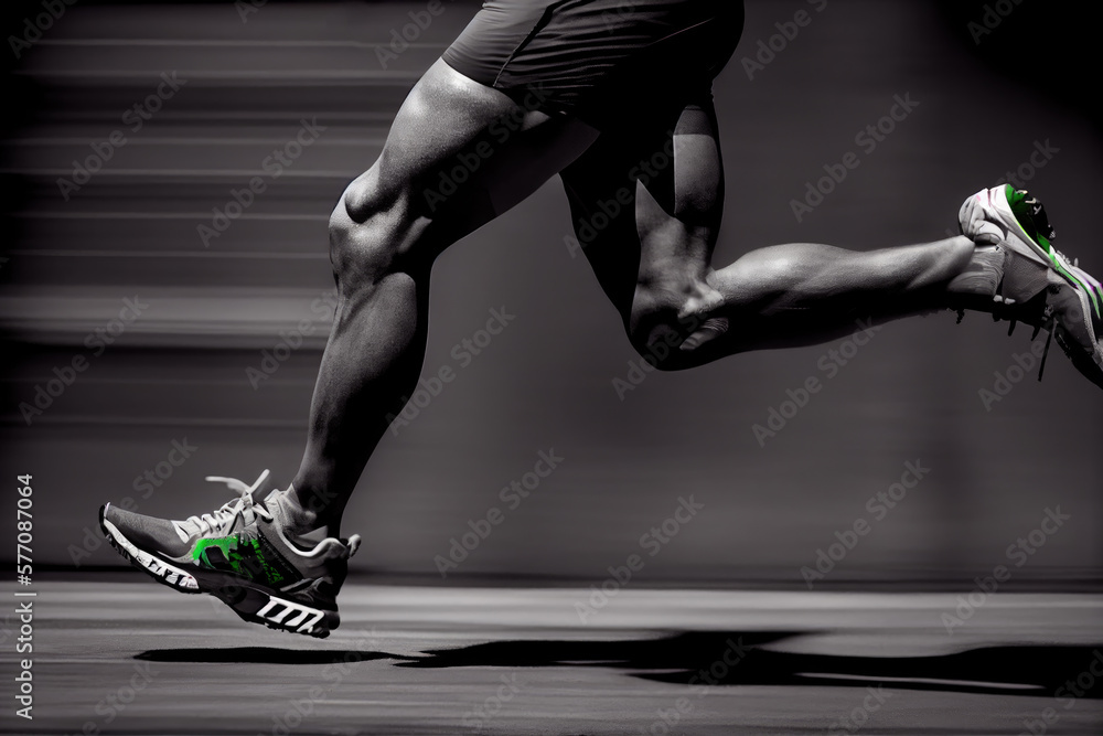 Generative AI muscular legs of a man running very fast with the ...