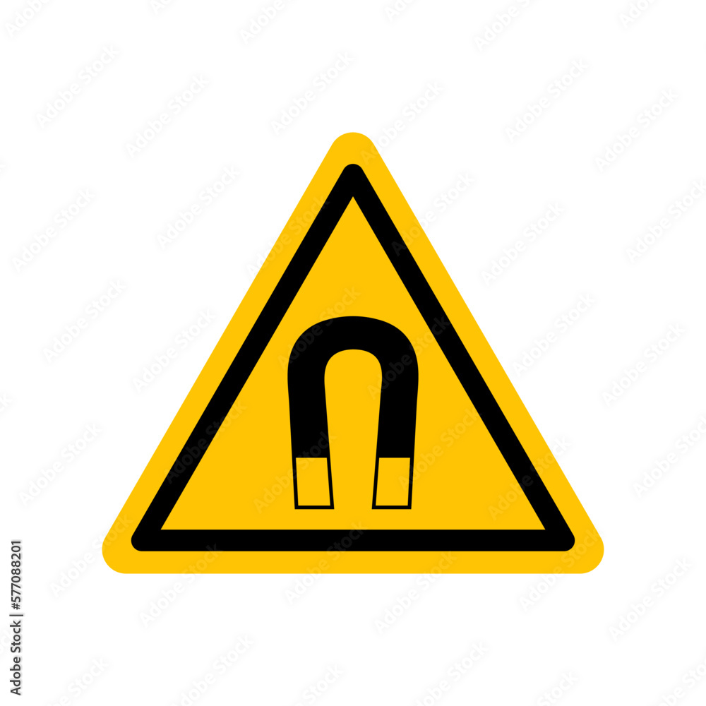 Magnetic field sign. Black danger icon on yellow triangle symbol ...