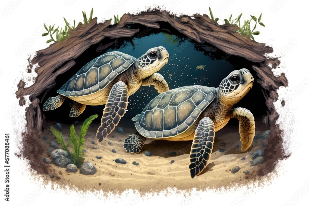 Young turtles emerging from their nests at sea. Baby sea turtles at the ...