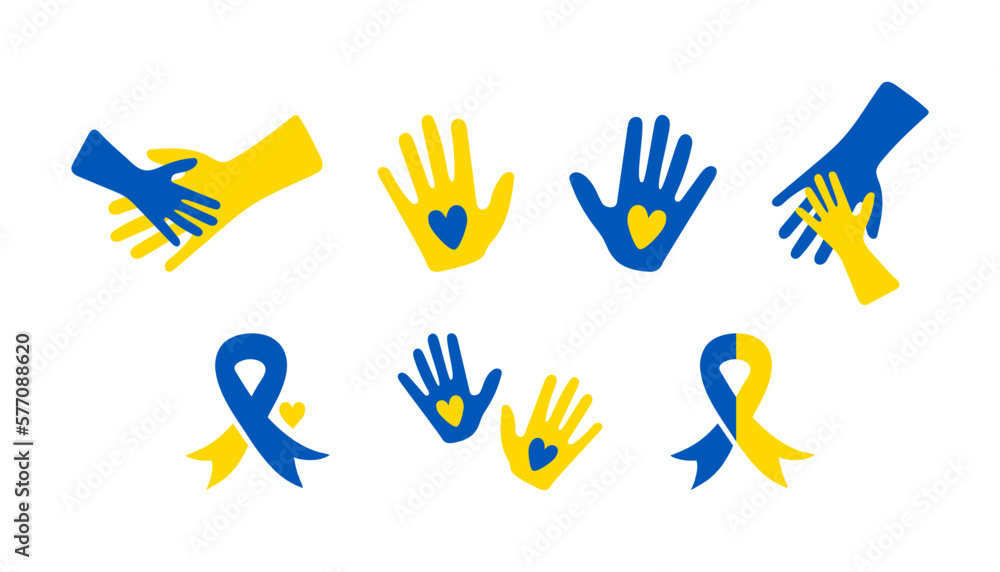 Set of blue yellow helping hand with heart, ribbon icons. World Down ...