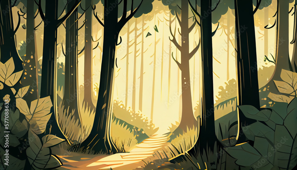Cartoon illustration of A peaceful forest with a sun, generative Ai ...