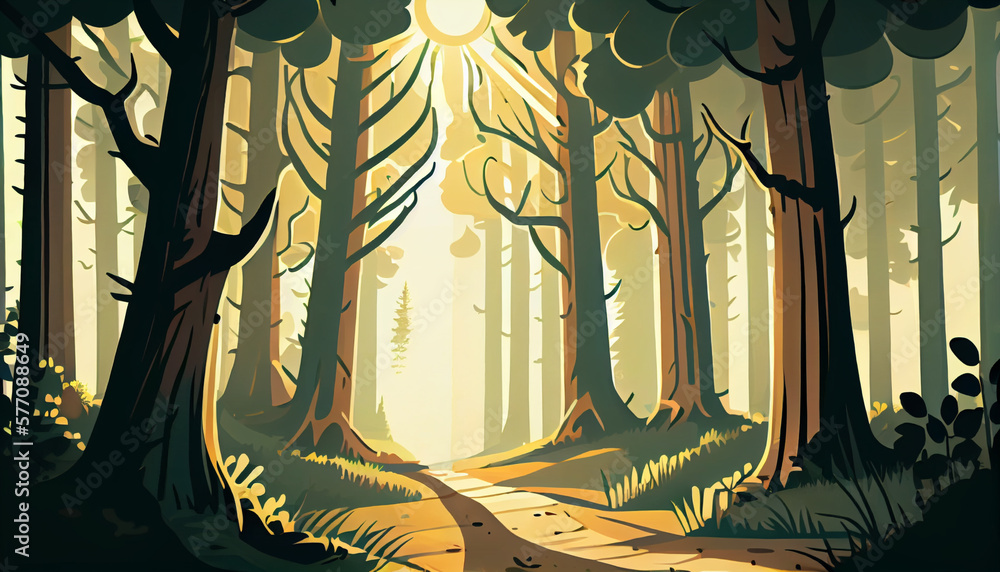 Cartoon illustration of A peaceful forest with a sun, generative Ai ...