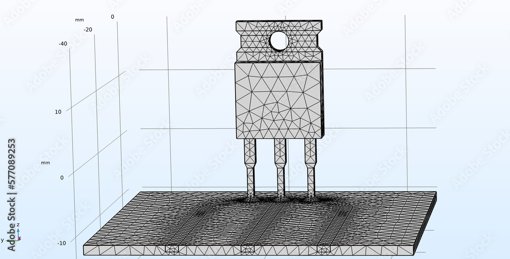 Computer modeling of a component (transistor) installed on a printed ...