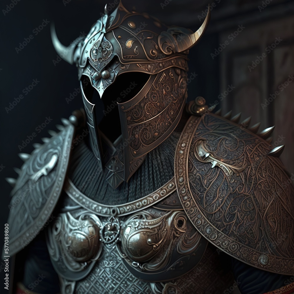 a close up of a person wearing a helmet and armor with horns and horns ...