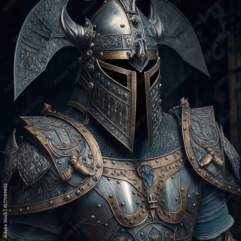 a man dressed in a knight costume with a helmet and sword on his head ...