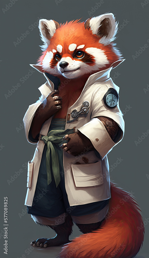 anthropomorphic smiling red panda in a pure white lab coat, anime, cute ...