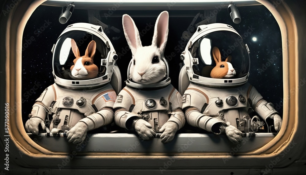 two rabbits in space suits sitting on a window sill with rabbits in ...