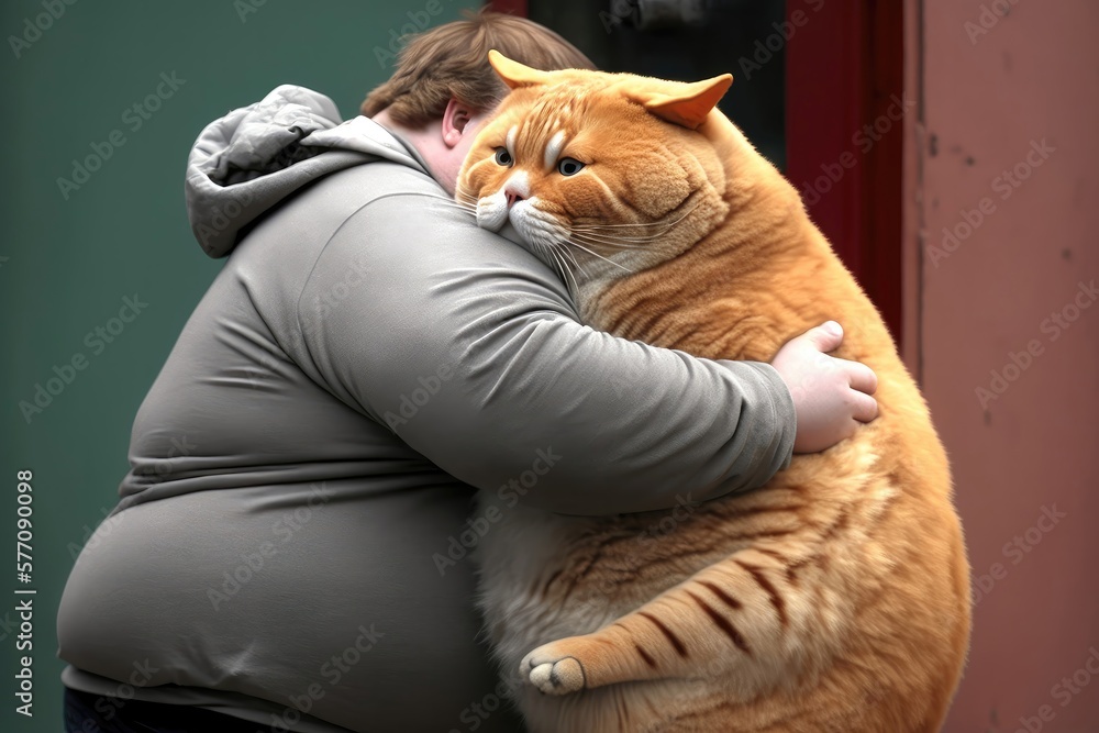 Cute fat cat hugs fat man in nature background. Generative AI Stock ...