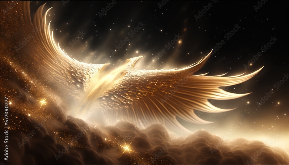 a golden bird flying through the sky with stars in the sky behind it ...
